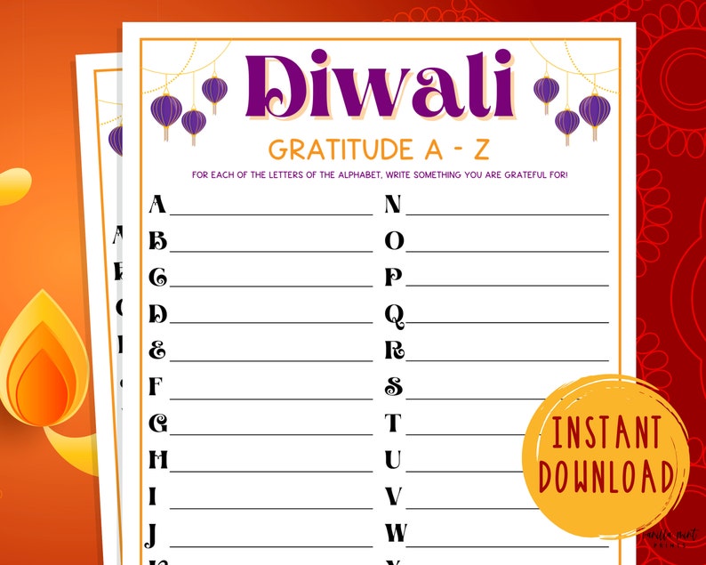 Diwali Gratitude A - Z Game | Printable Festival of Lights Party Games | Activities for Adults ...
