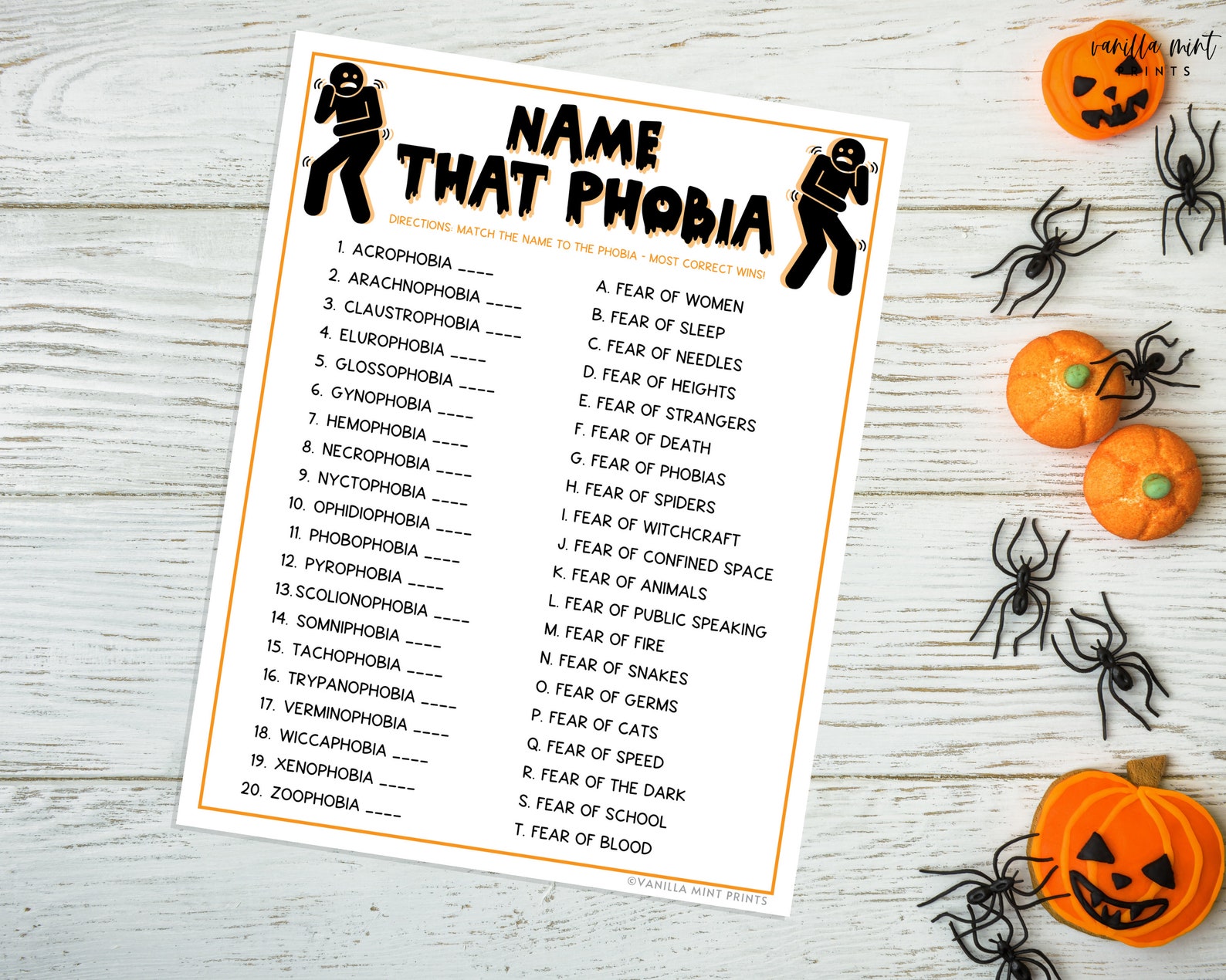 Halloween Name That Phobia Match up Game Phobia Trivia Games | Etsy