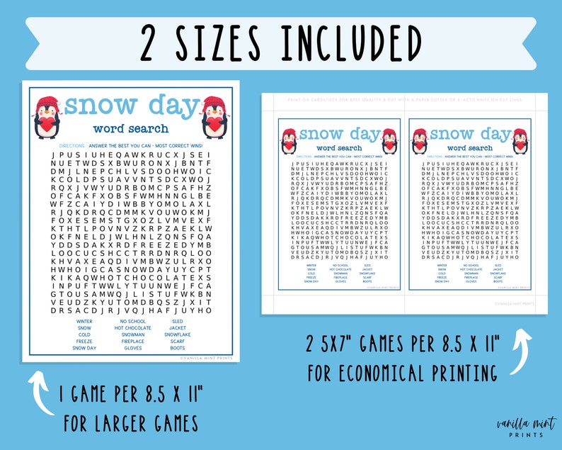 Snow Day Word Search Game Fun Printable Winter Games | Etsy