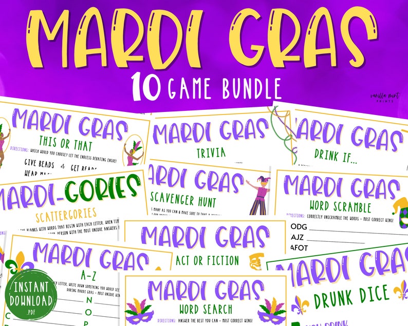 Mardi Gras 10 Game BUNDLE Fat Tuesday Party Games Carnival | Etsy