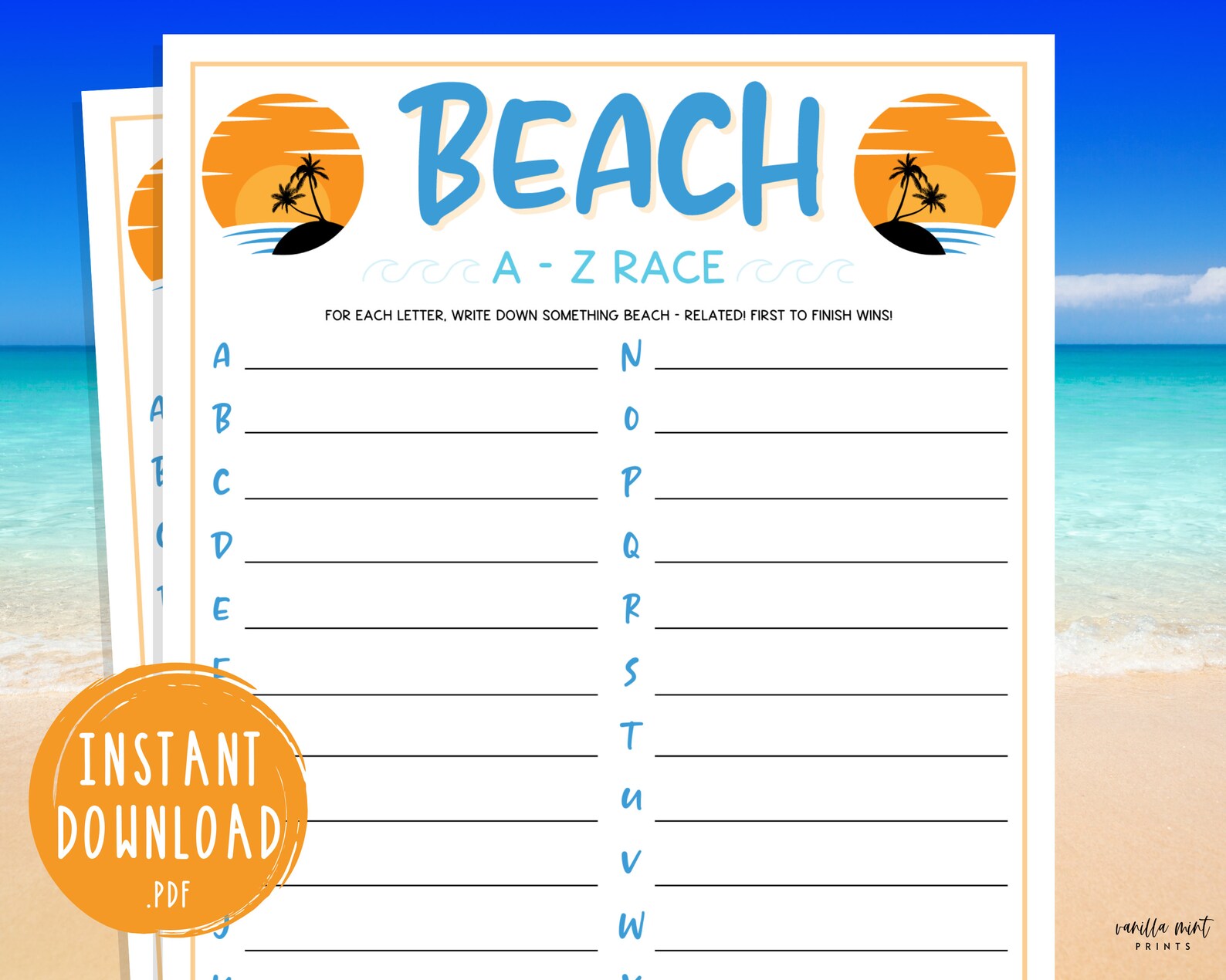 Beach A-Z Word Race Game Printable Summertime Games Fun - Etsy