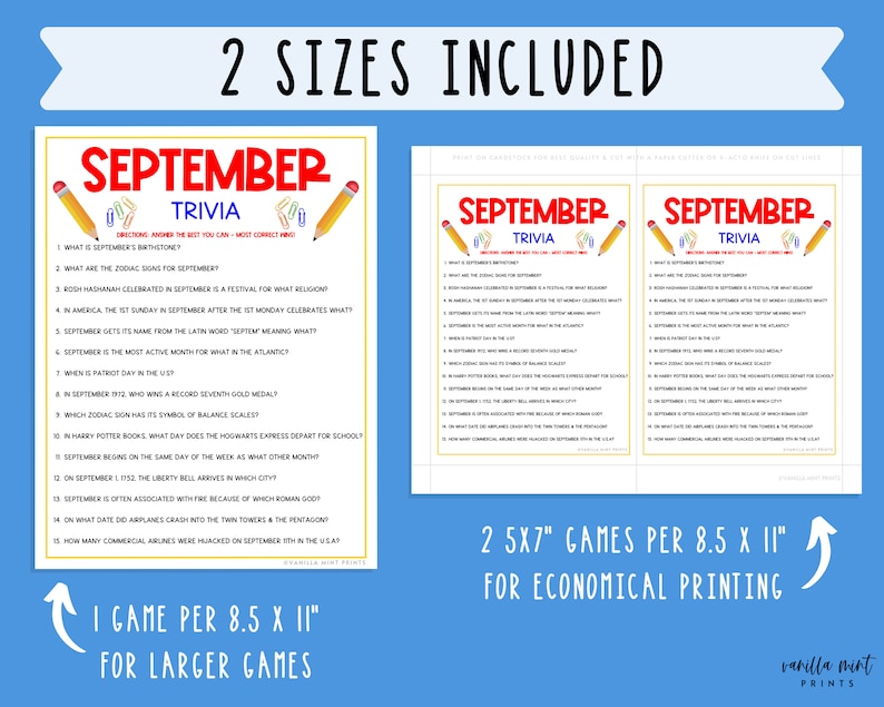 September Trivia Game Printable Month Party Games Fall - Etsy