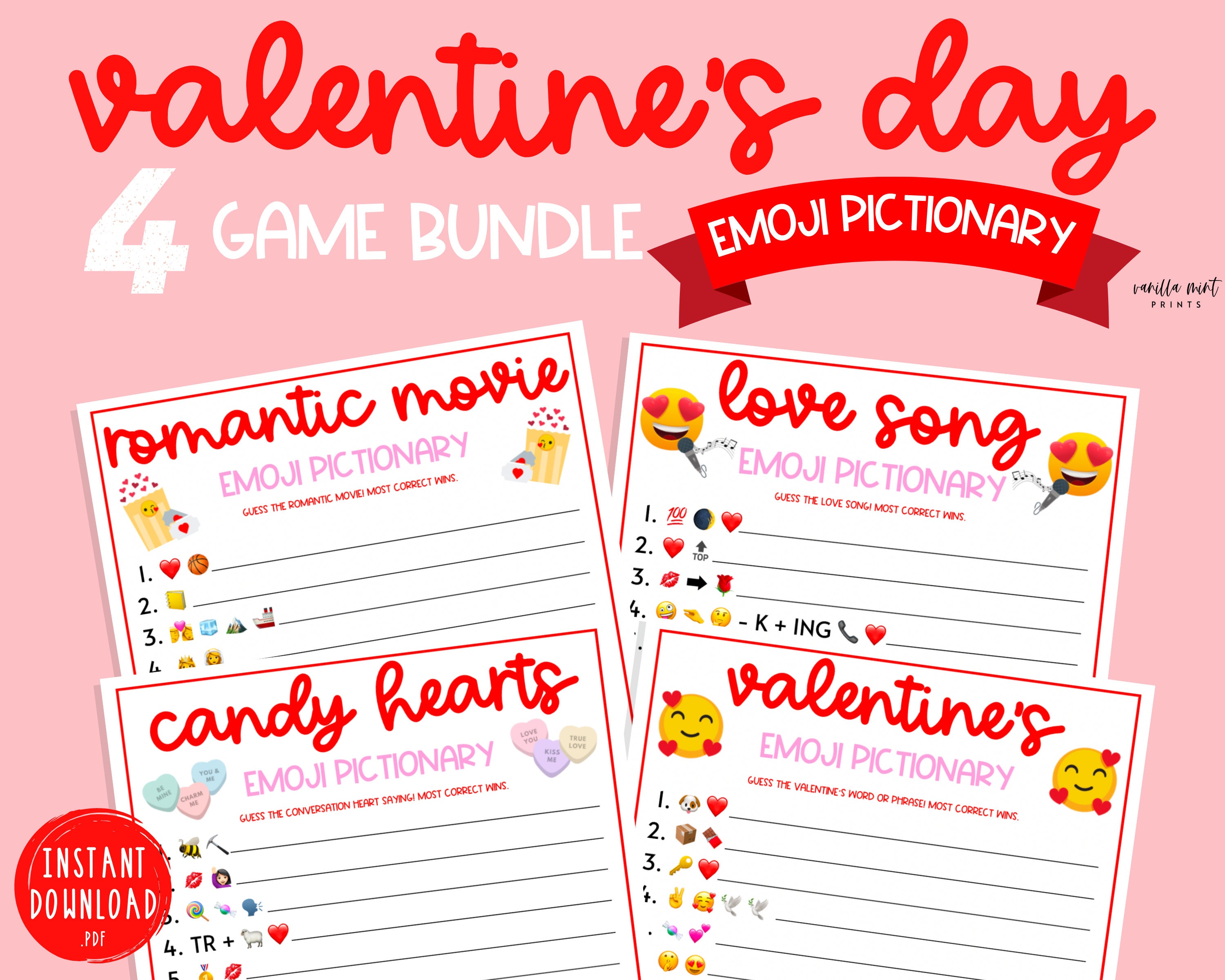 Valentine's Day 4 Game Emoji Pictionary BUNDLE Fun | Etsy