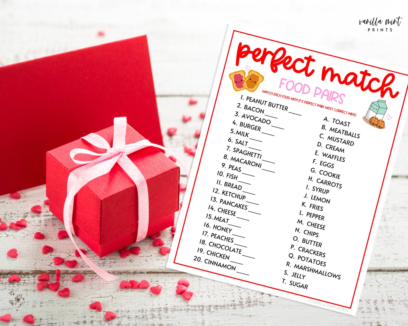 Valentine's Day Perfect Match Food Pairs Game Valentine Printable Games ...