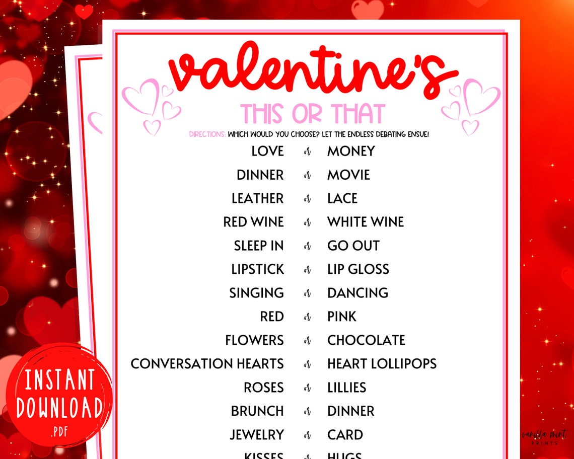 Valentine's Day This or That Game Valentine Printable | Etsy