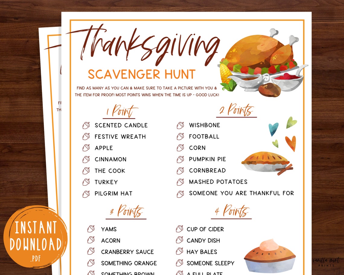 Thanksgiving Scavenger Hunt Game Thanksgiving Party Games | Etsy