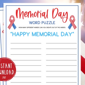 Memorial Day Word Puzzle Game | Printable Memorial Day Party Games ...