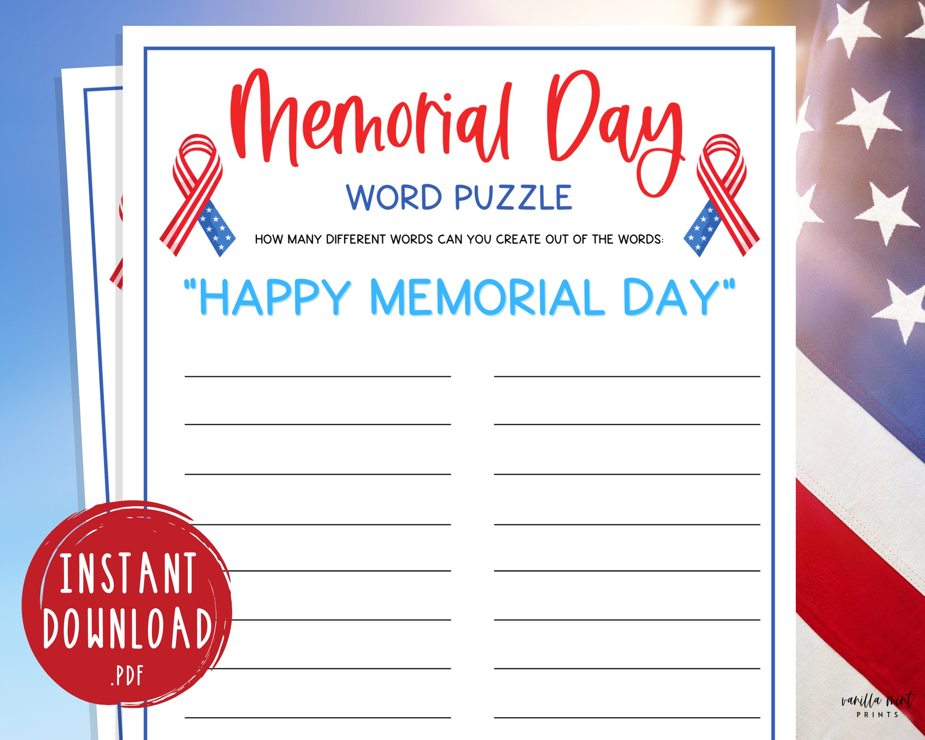 Memorial Day Word Puzzle Game Printable Memorial Day Party - Etsy