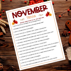 November Trivia Game | Printable Month Party Games | Fall Activities ...