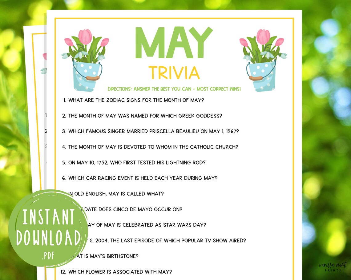 May Trivia Game Printable Month Party Games Springtime - Etsy