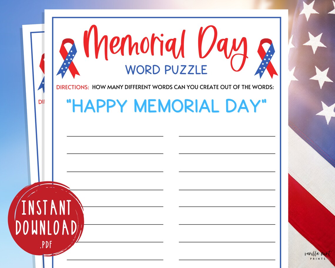 Memorial Day Word Puzzle Game Printable Memorial Day Party | Etsy
