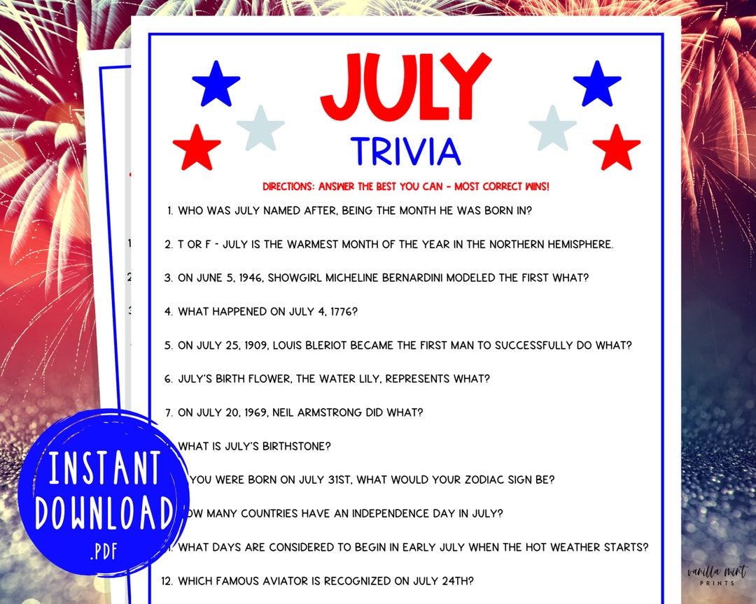 July Trivia Game | Printable Month Party Games | Summertime Activities ...