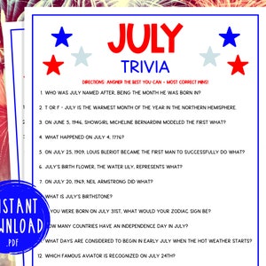 July Trivia Game | Printable Month Party Games | Summertime Activities ...