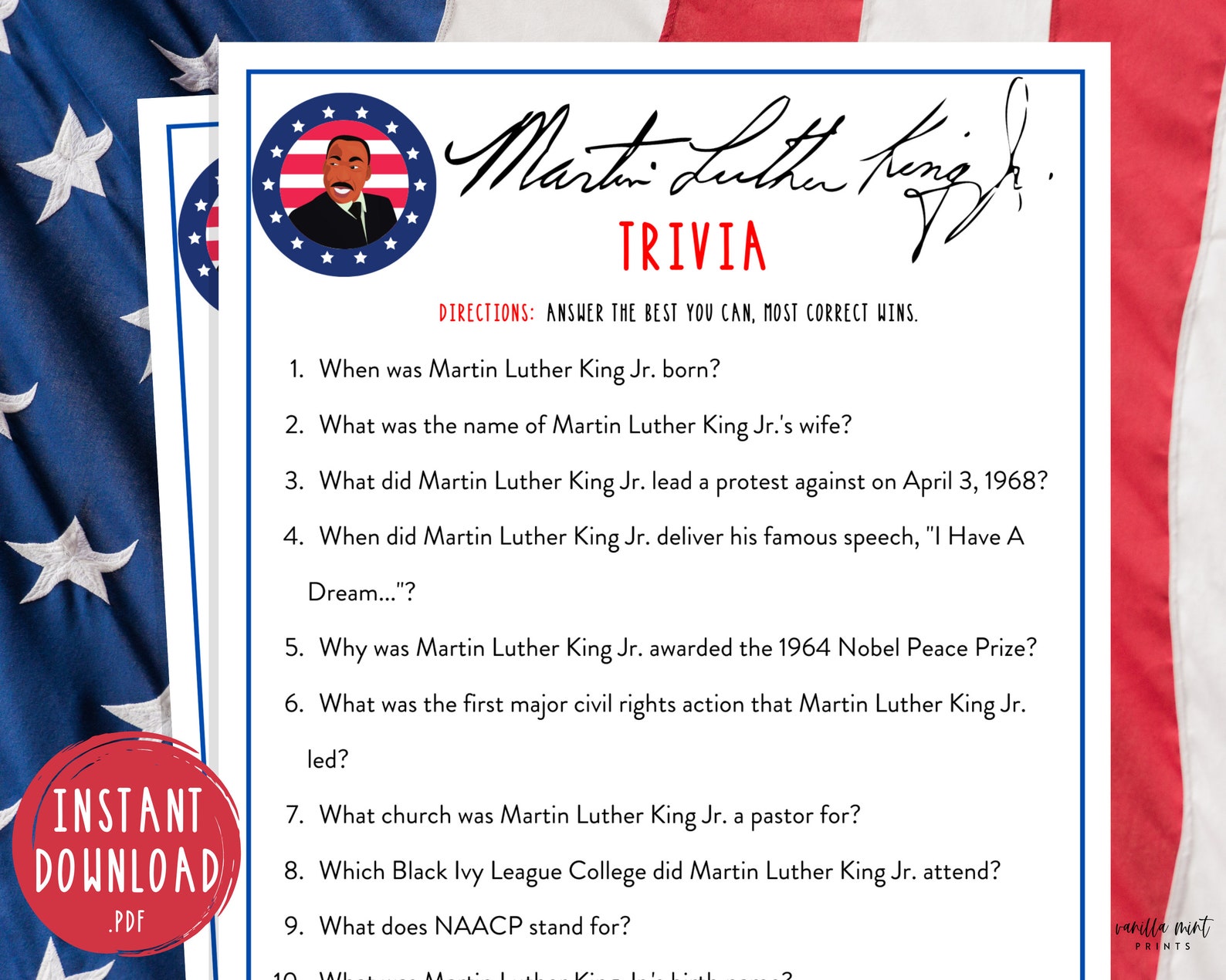 Martin Luther King Jr Trivia Game MLK Jr Day Printable Games America ...