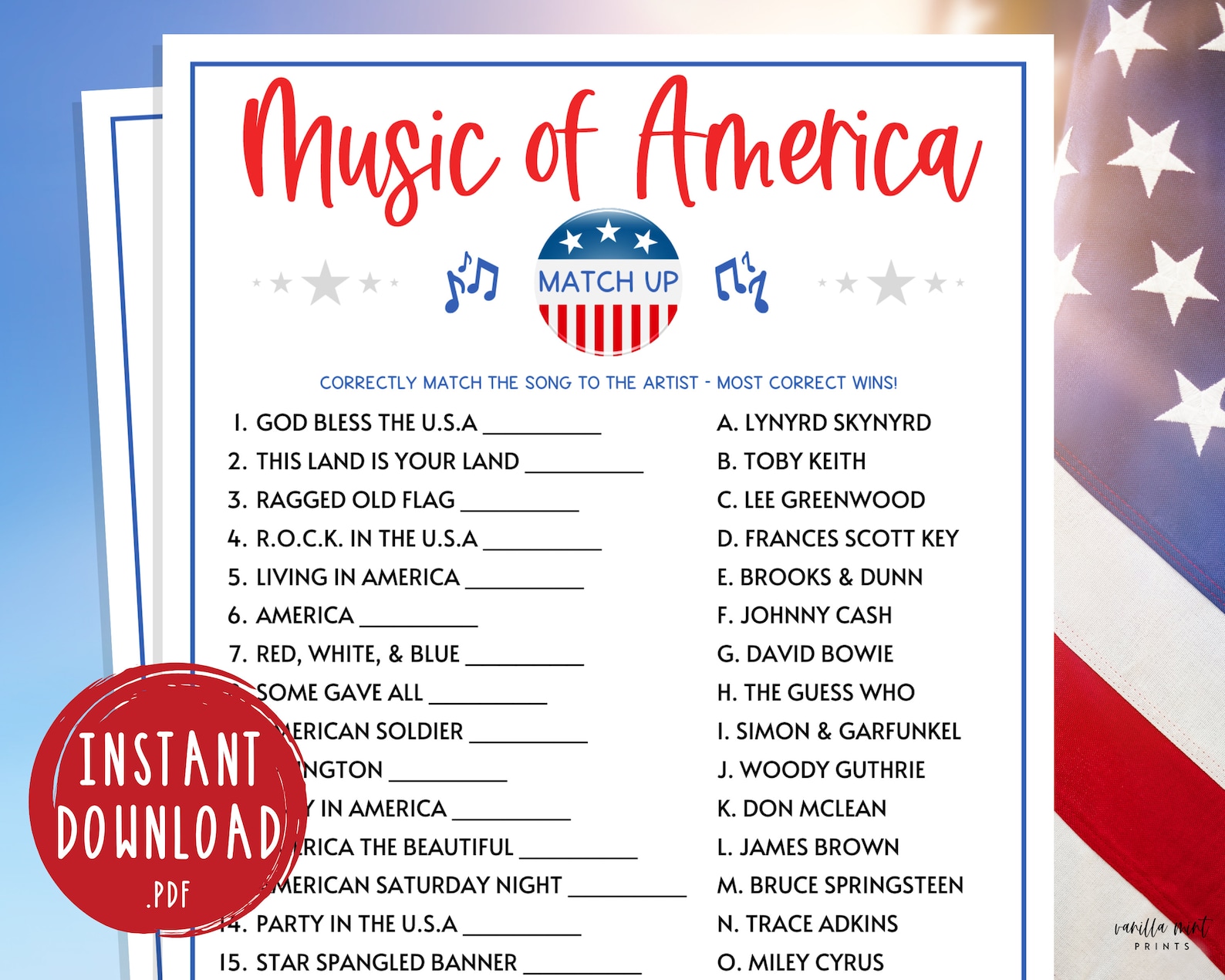Patriotic Music of America Trivia Match up Game Printable - Etsy