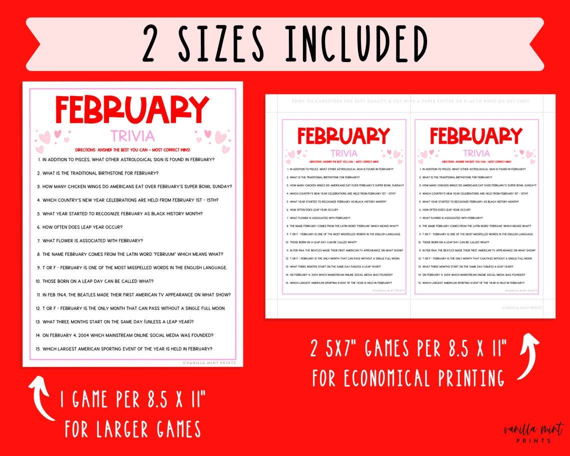 February Trivia Game Printable Month Party Games - Etsy