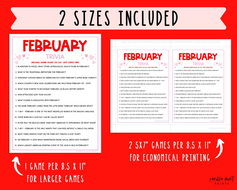 February Trivia Game Printable Month Party Games - Etsy