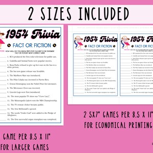 1954 Trivia 50s Pop Culture Trivia Fact or Fiction 70th Birthday Back ...