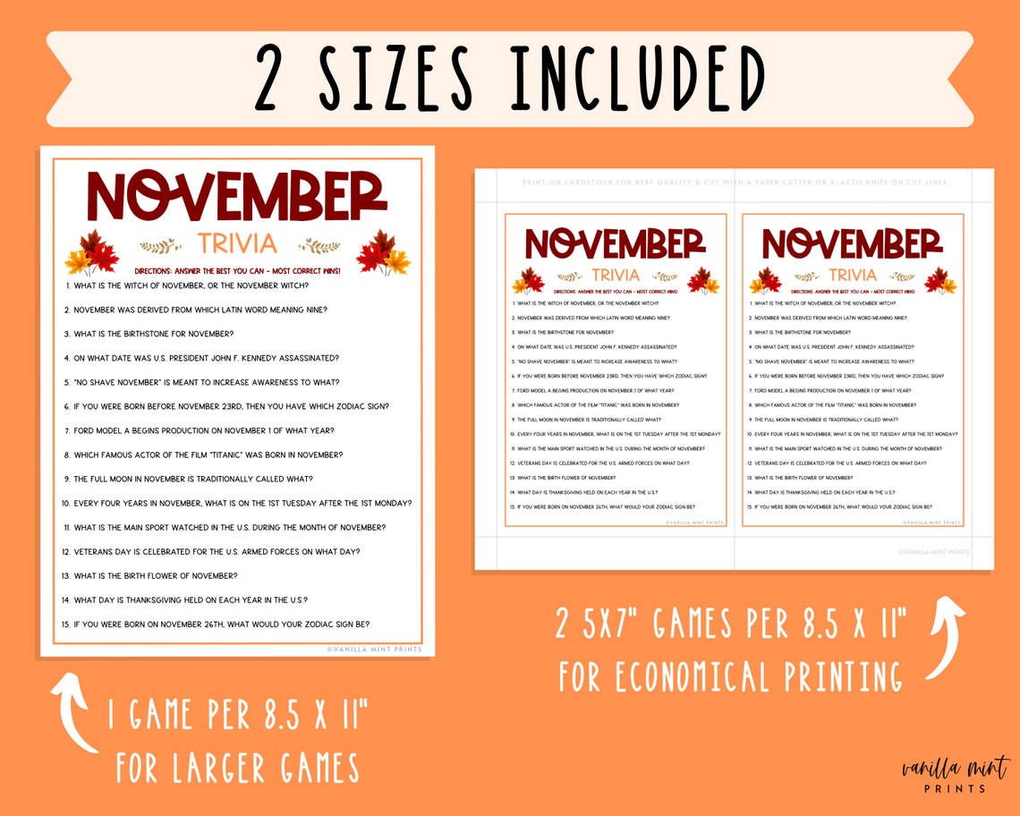 November Trivia Game Printable Month Party Games Fall - Etsy