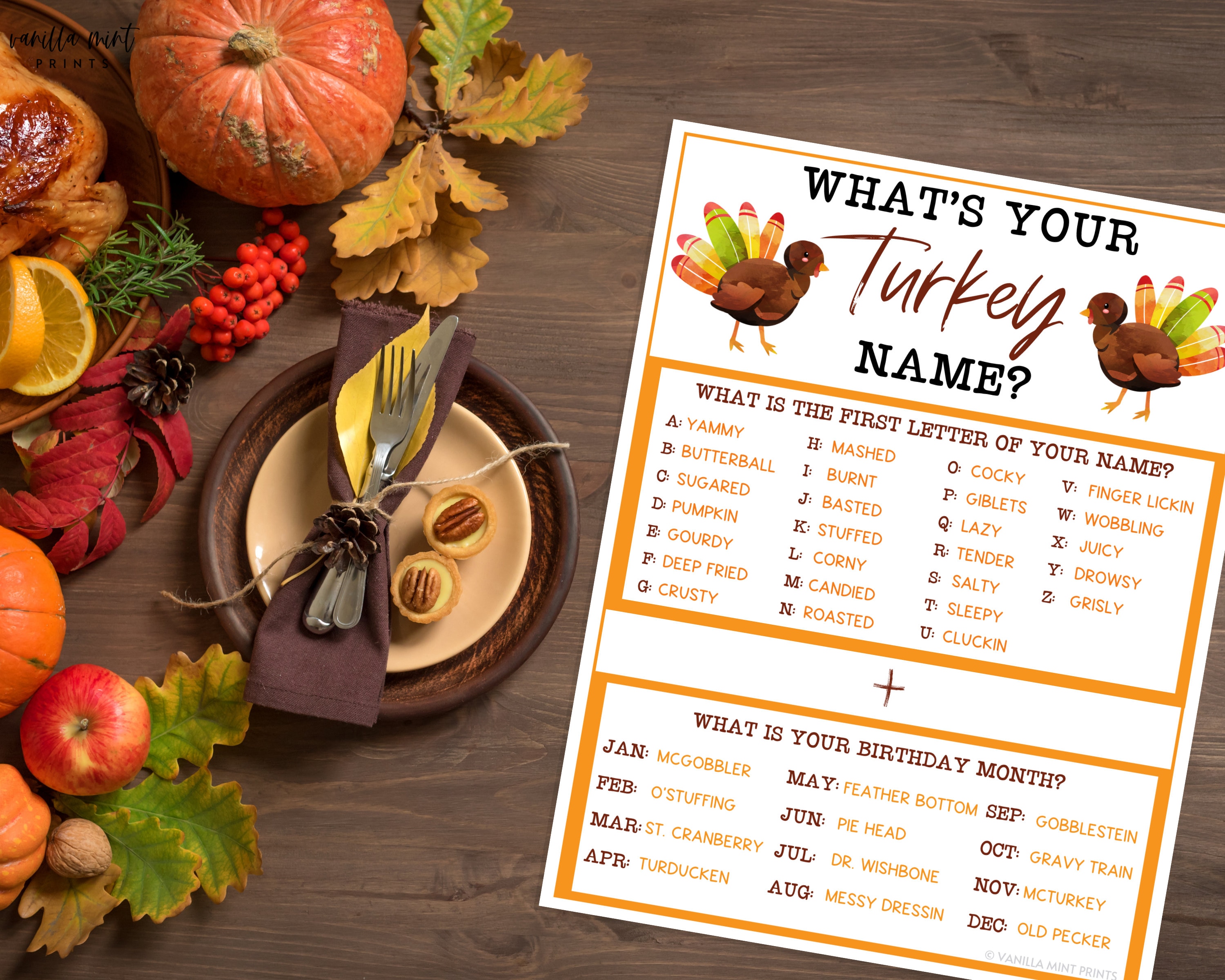 Thanksgiving Whats Your Turkey Name Game Thanksgiving Party - Etsy