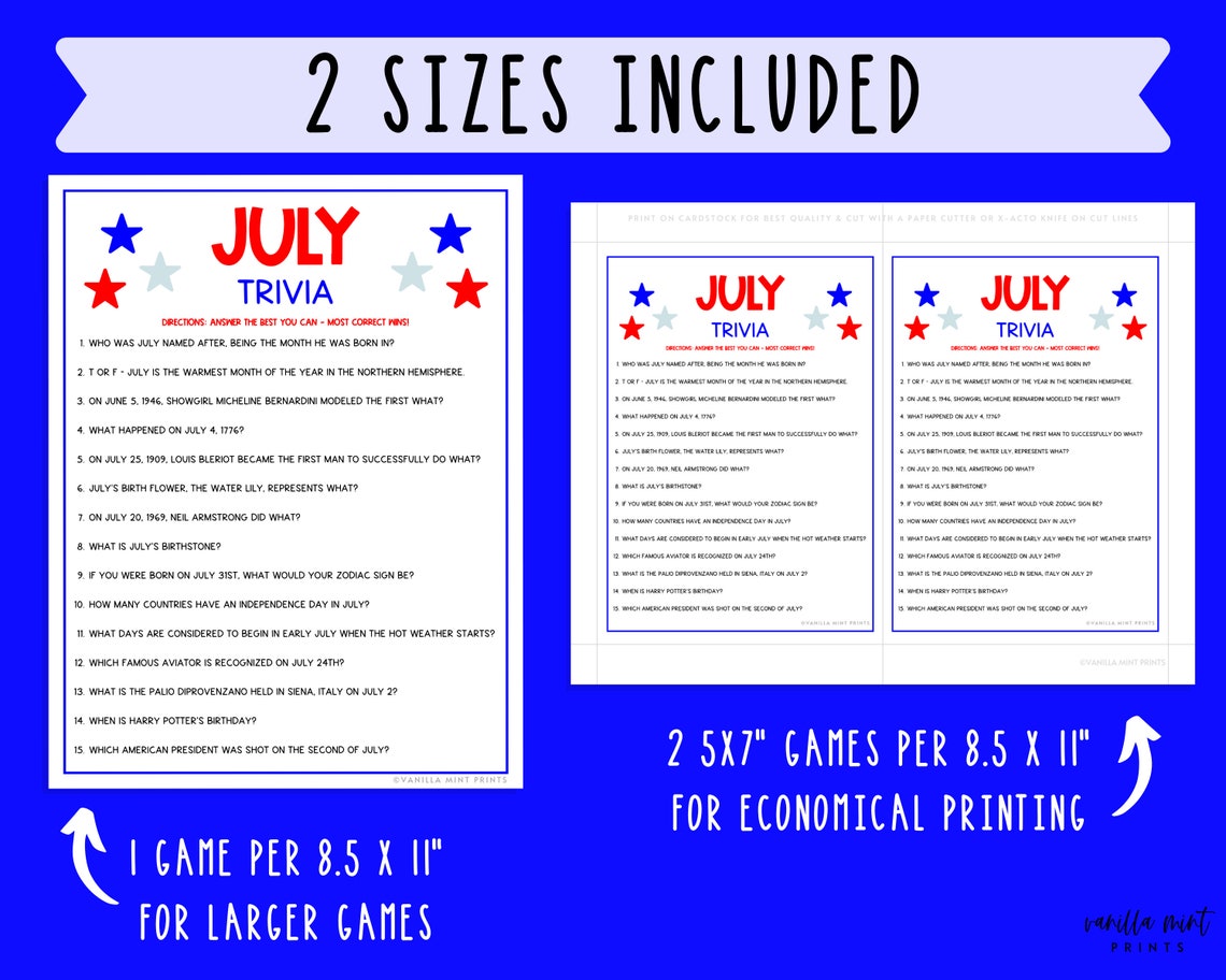 July Trivia Game Printable Month Party Games Summertime - Etsy
