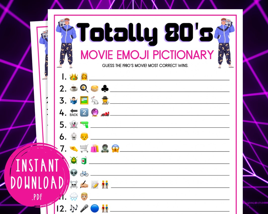 Totally 80's Movie Emoji Pictionary Party Game | Printable 1980s Game ...