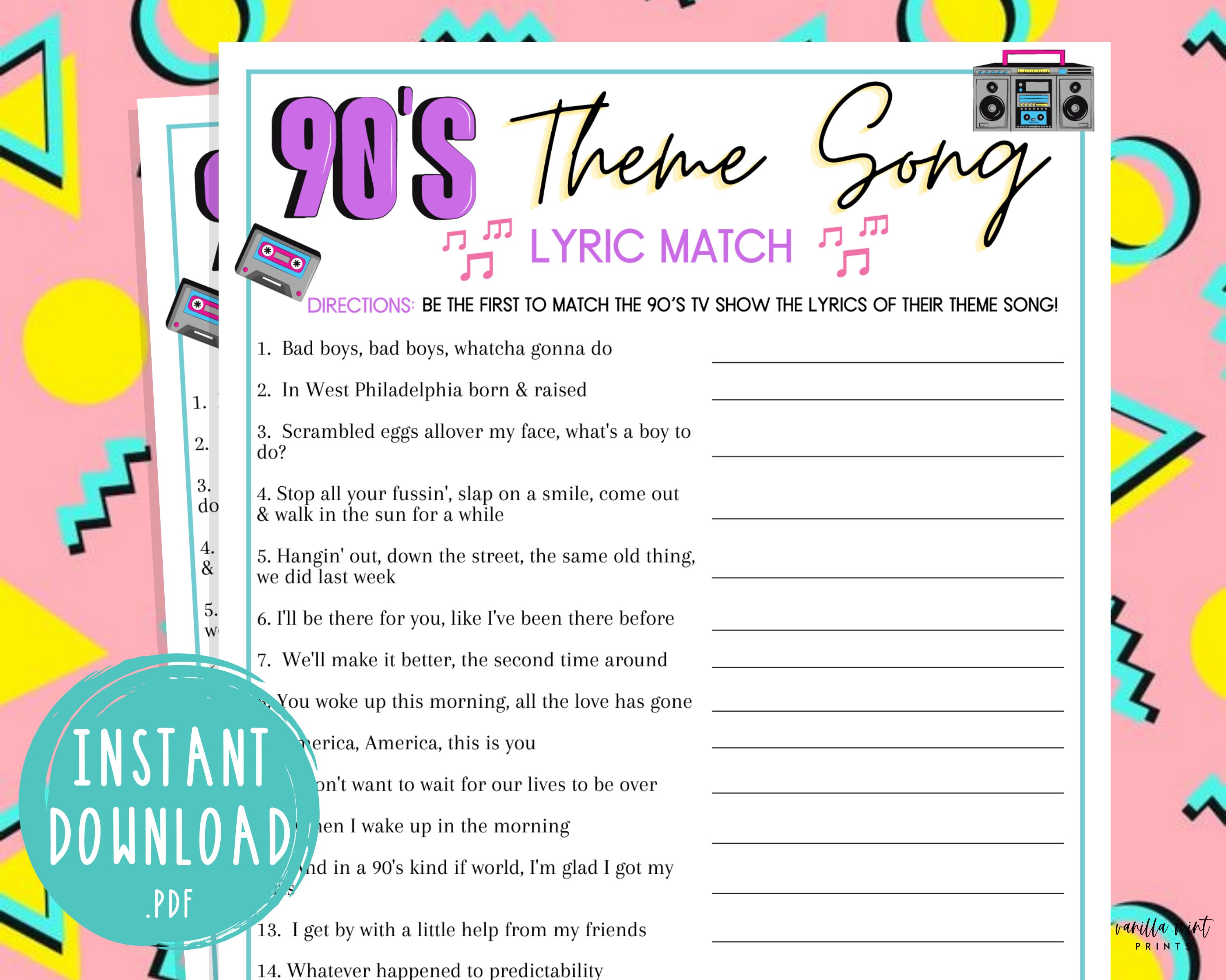 1990's Trivia 90s TV Theme Song Trivia Back to the 90s - Etsy