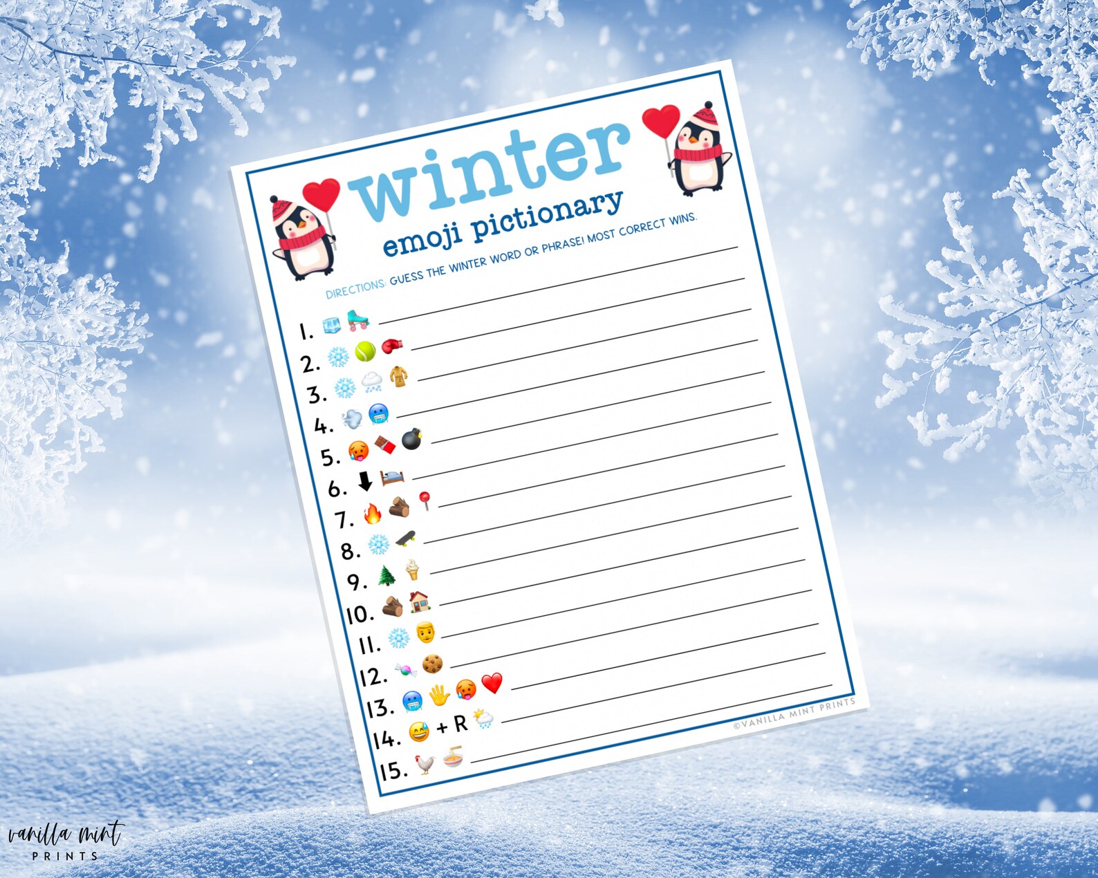 Winter Emoji Pictionary Game | Printable Winter Games | Wintertime ...