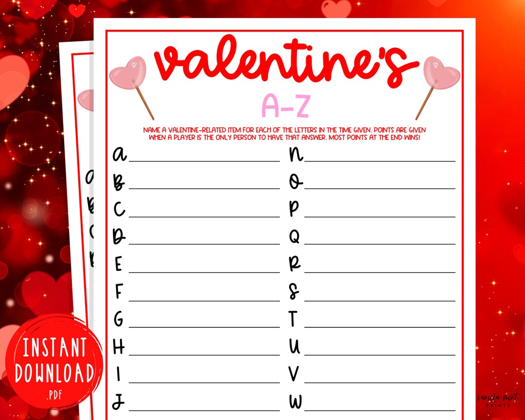 Valentine's Day A-Z Game Valentine Printable Game Fun Valentine's Day ...