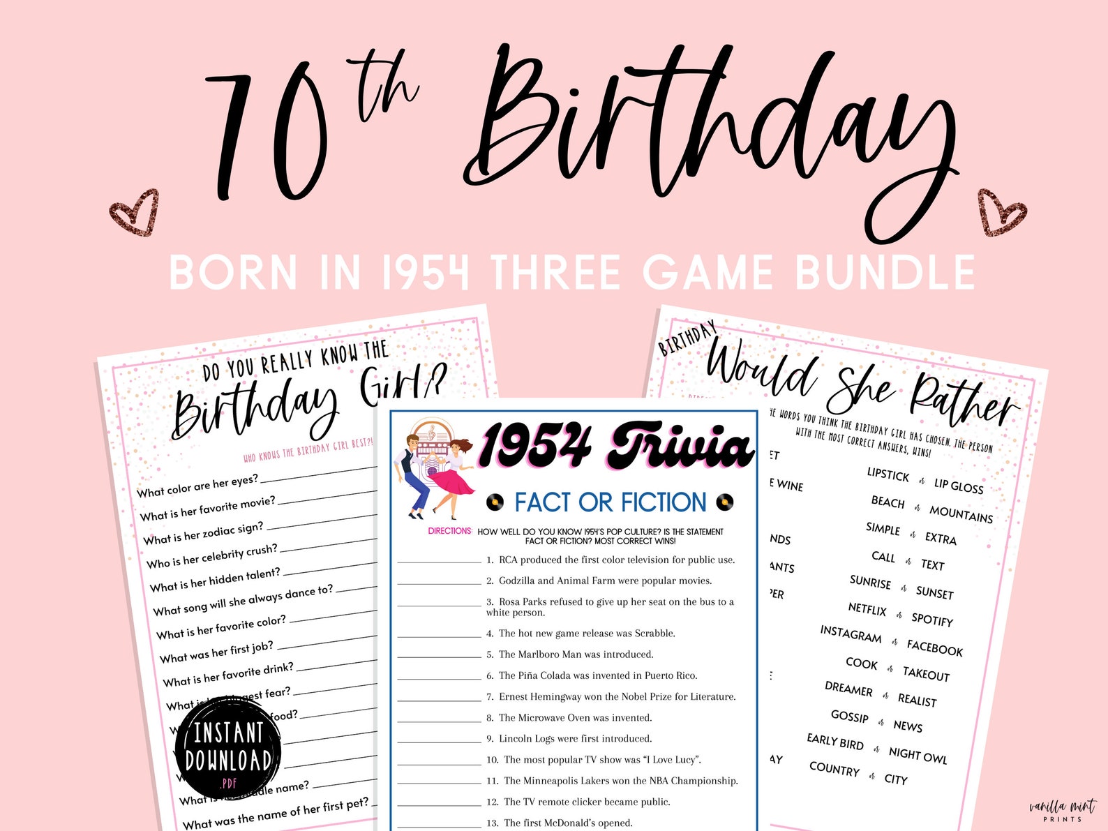 Adult Birthday Party Game Bundle 70th Birthday Born In 1954 3 Game