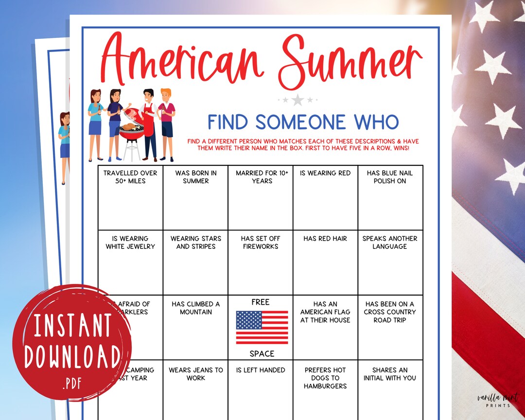 American Summer Find Someone Who Game | Printable Memorial Day Party ...