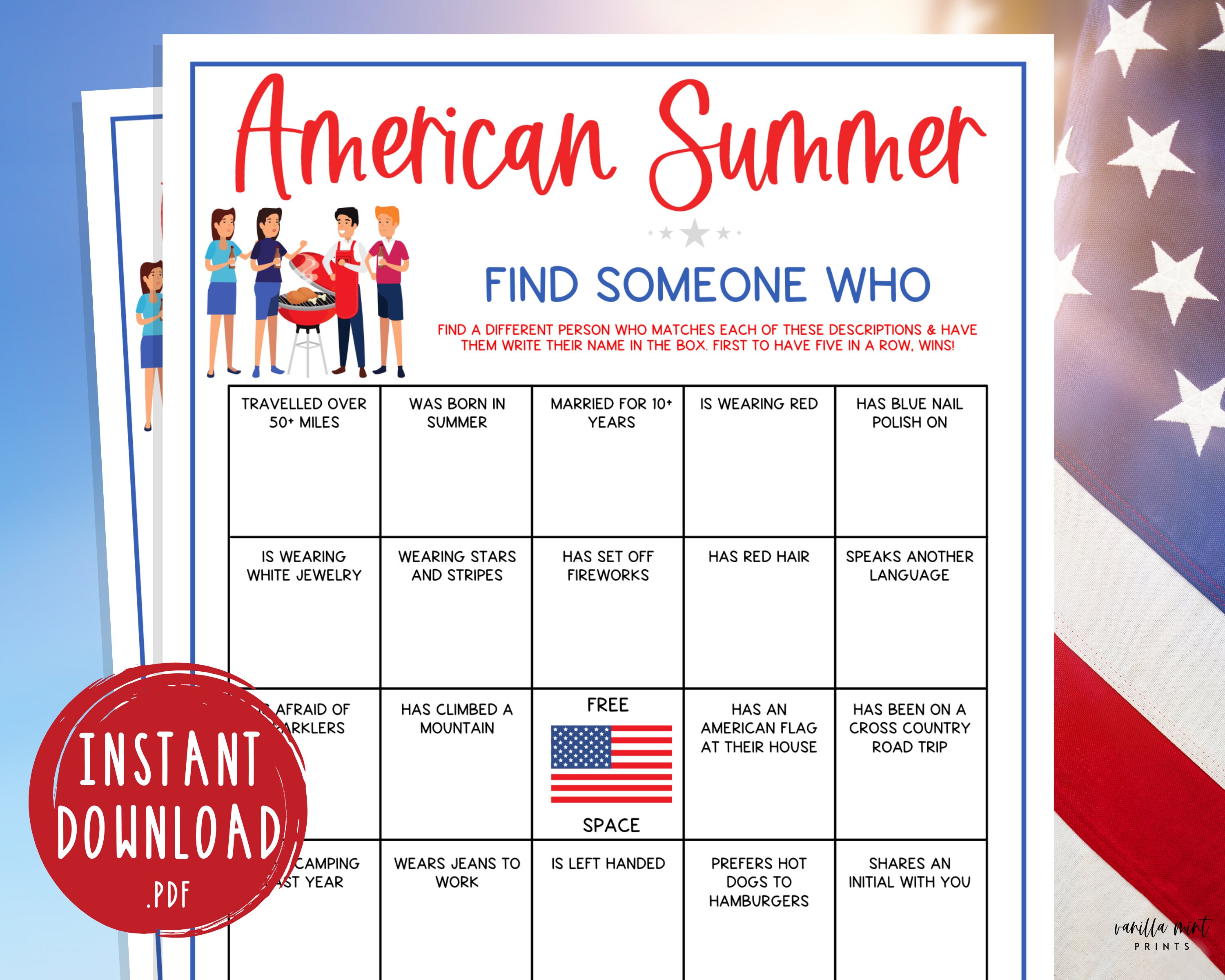 American Summer Find Someone Who Game Printable Memorial Day - Etsy