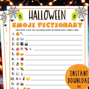 Halloween Emoji Pictionary Party Game | Halloween Picture Trivia Games ...