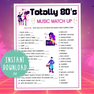 Totally 80's Music Match up Party Game | Printable 1980s Game | 40th ...