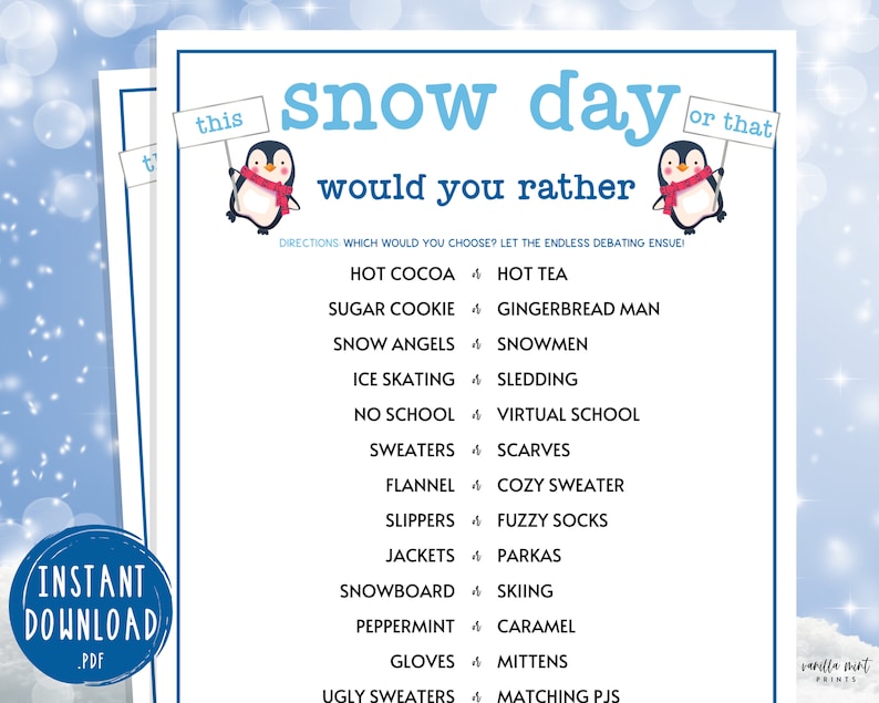 Snow Day This or That Game Fun Printable Winter Game - Etsy