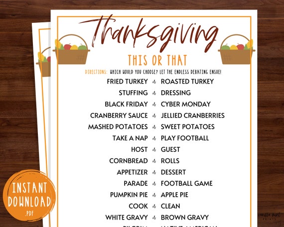 Thanksgiving This or That Game Would You Rather Game | Etsy
