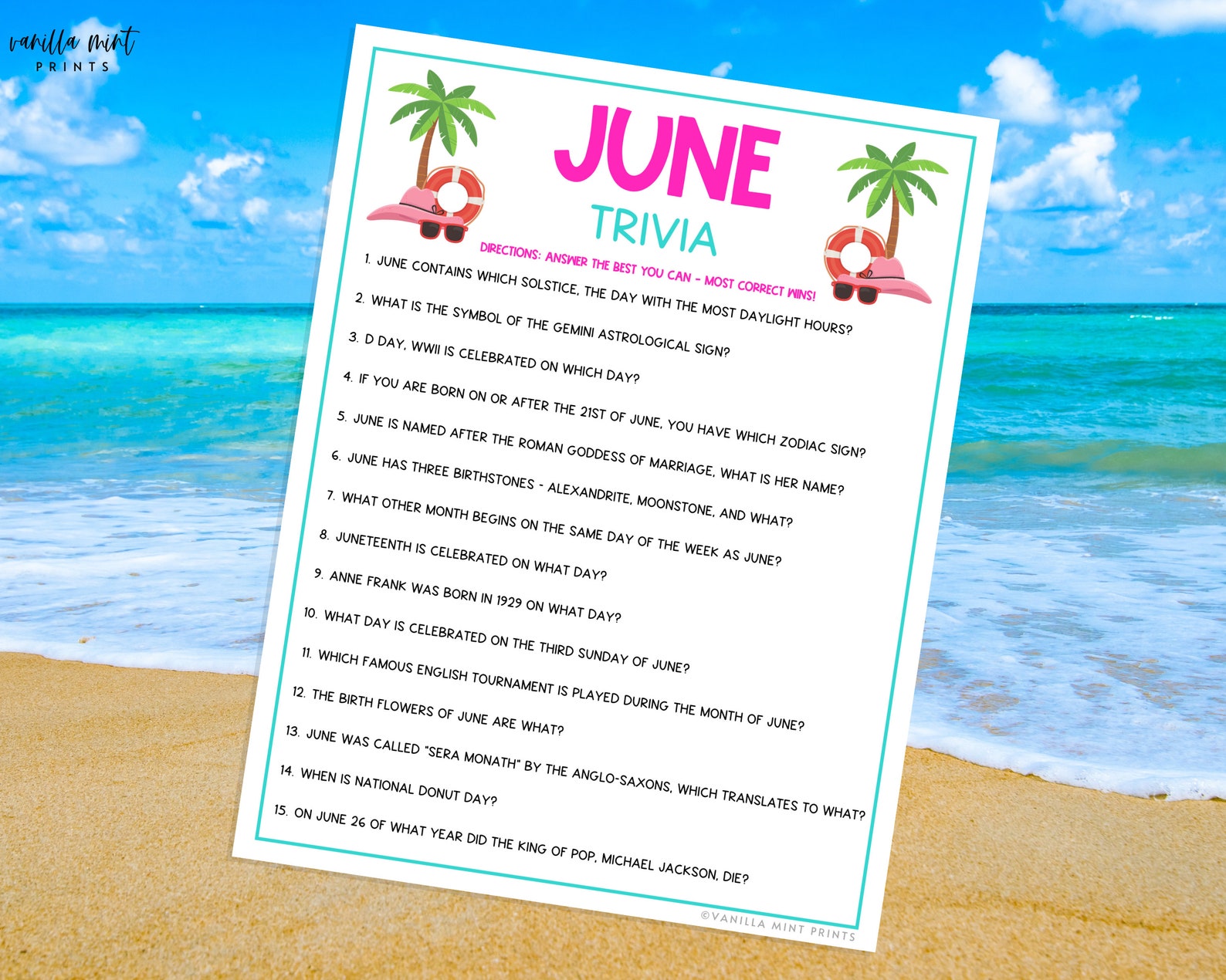 June Trivia Game | Printable Month Party Games | Summertime Activities ...