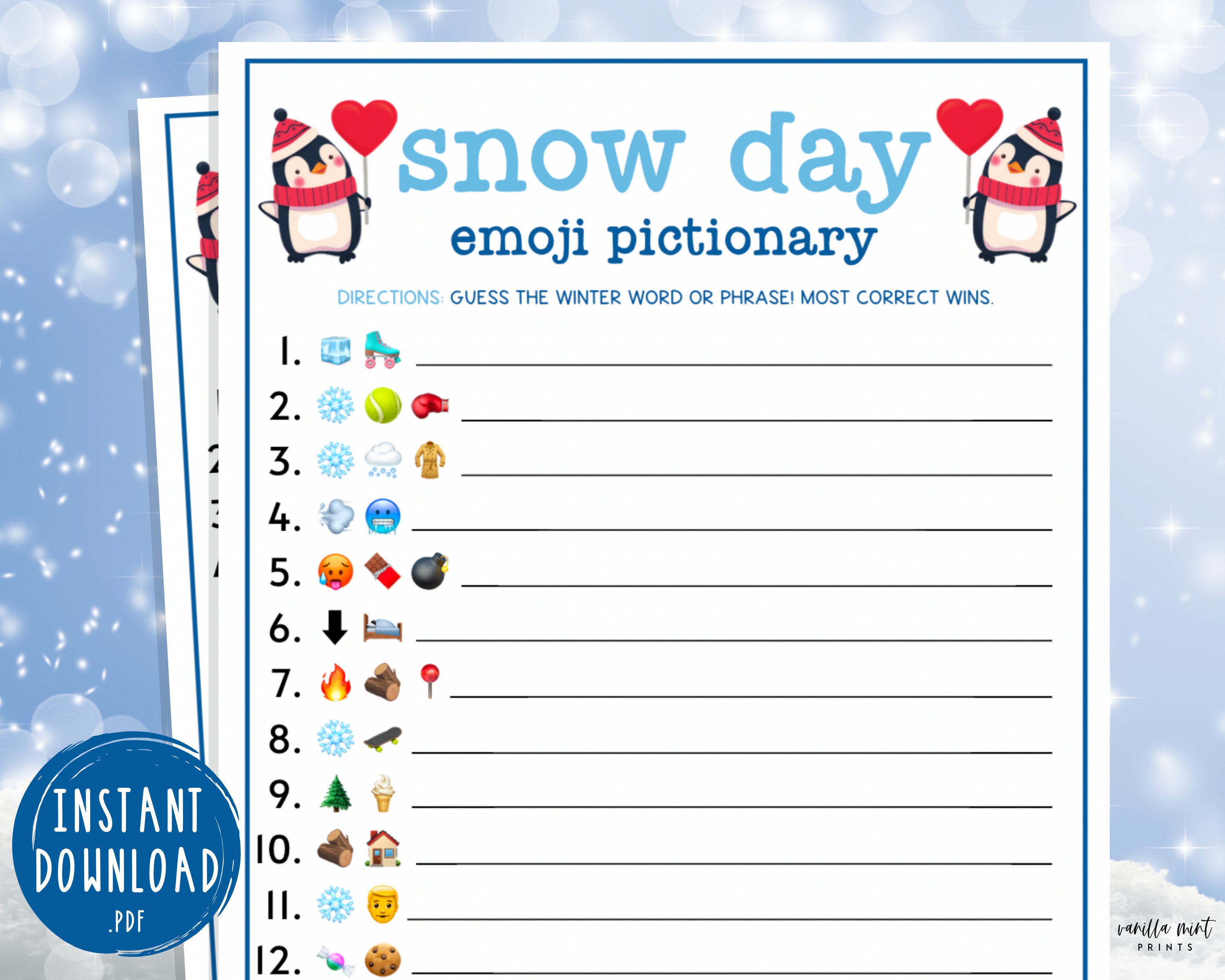 Snow Day Emoji Pictionary Game | Fun Printable Winter Game | Wintertime ...