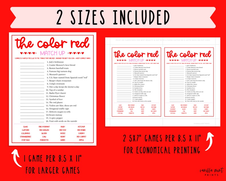 Valentine's Day the Color Red Game Valentine Printable - Etsy