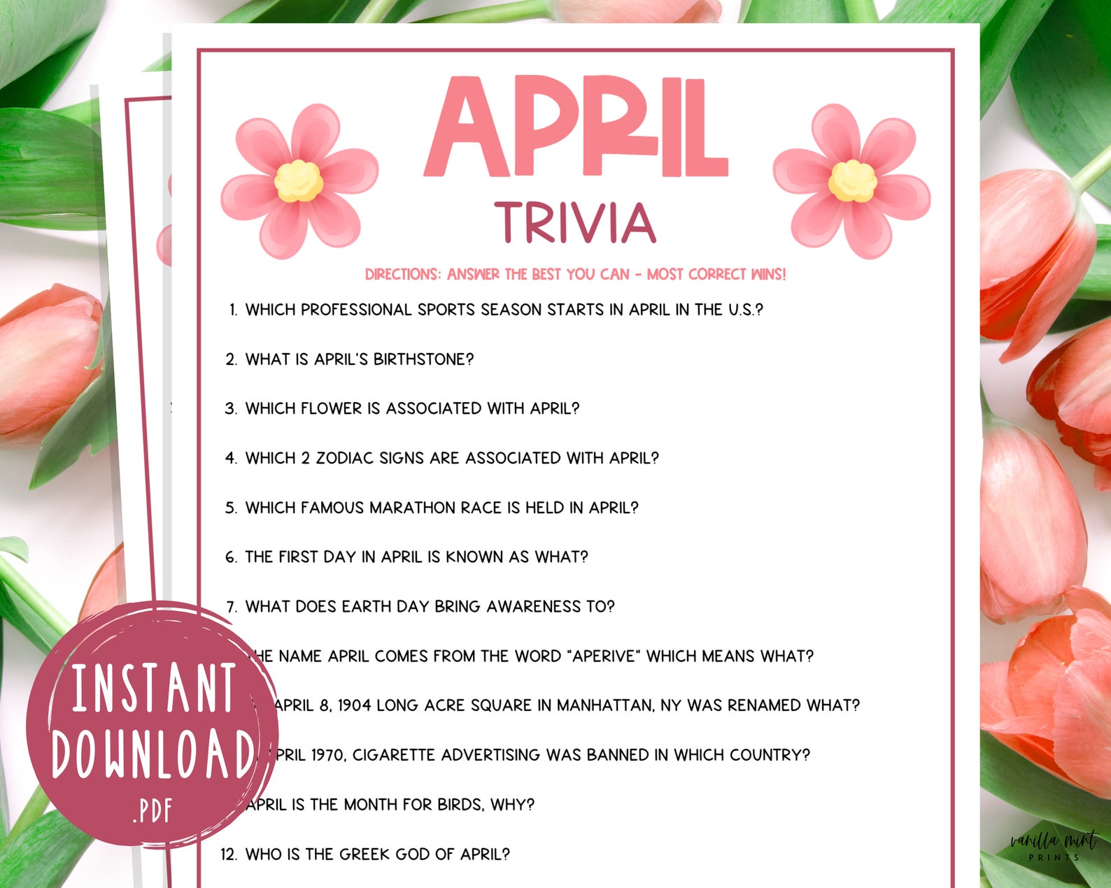April Trivia Game | Printable Month Party Games | Springtime Activities ...