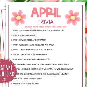 April Trivia Game | Printable Month Party Games | Springtime Activities ...