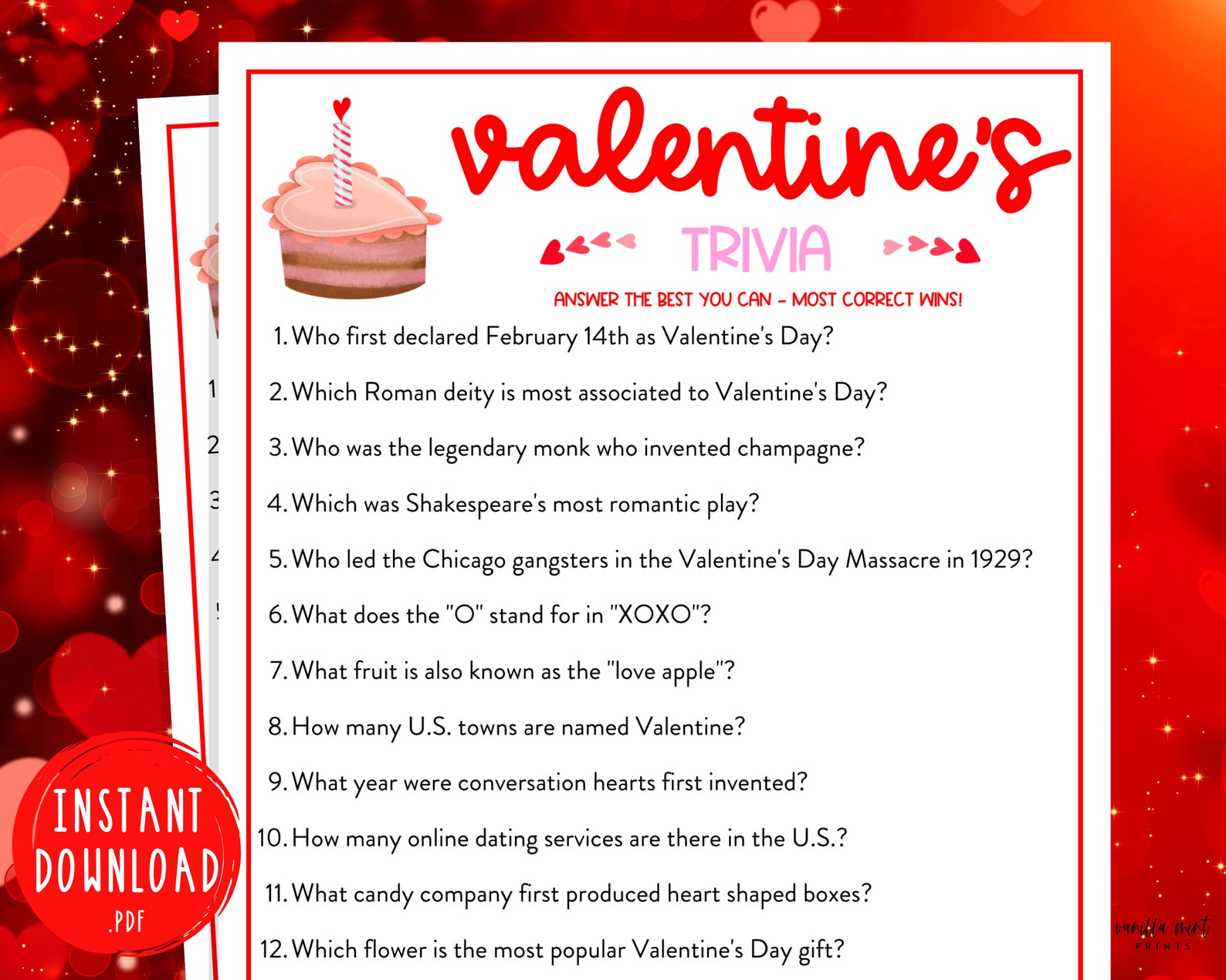Valentine's Day Trivia Game Valentine Printable Games - Etsy