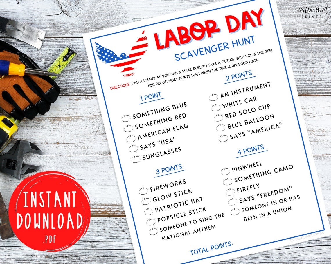 Labor Day Scavenger Hunt Game Labor Day Printable Games | Etsy