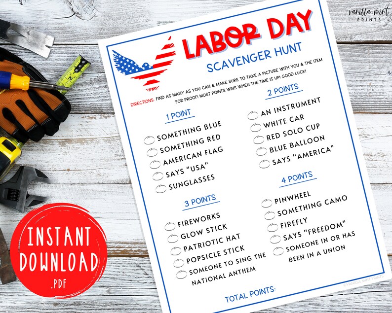 Labor Day Scavenger Hunt Game Labor Day Printable Games | Etsy