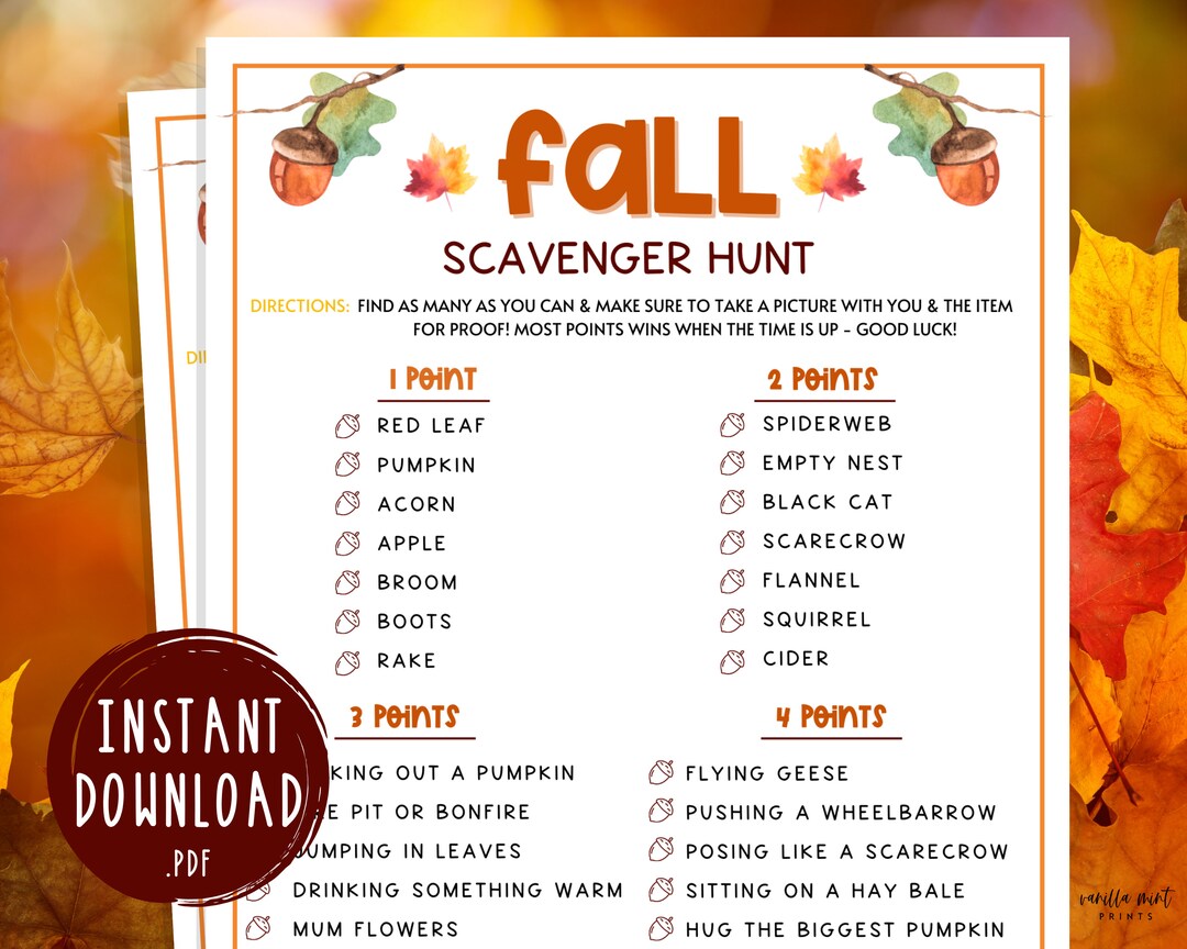 Fall Scavenger Hunt Printable Autumn Party Games Fall Time - Etsy