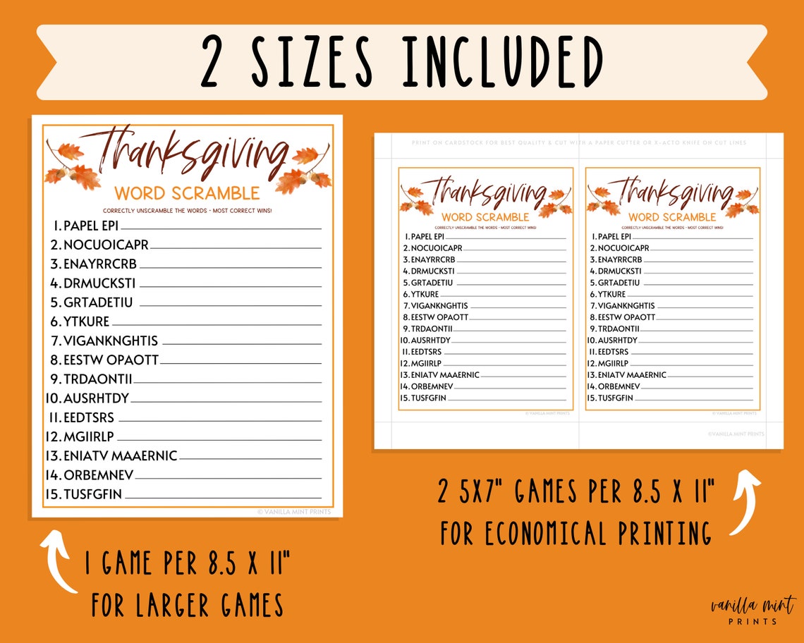 Thanksgiving Word Scramble Game Thanksgiving Printable Games - Etsy