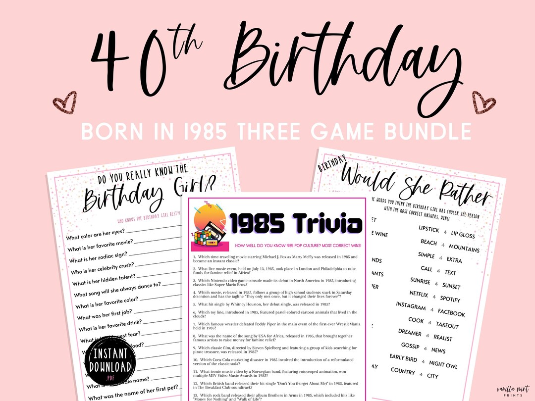 Adult 40th Birthday Party Game Bundle 40th Birthday Born in 1985 3 Game ...