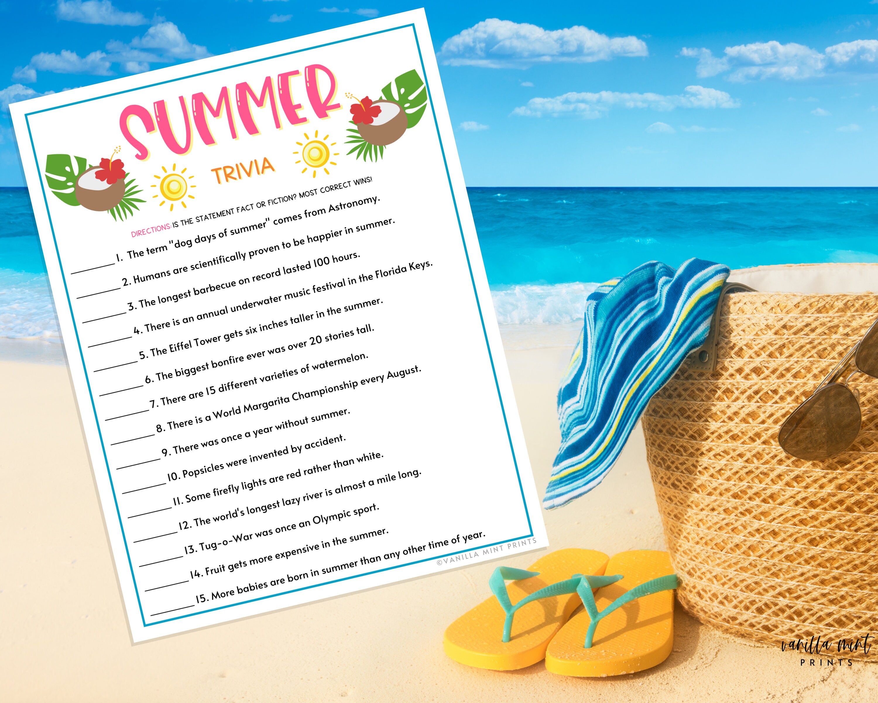 Summer Trivia Game Printable Summertime Games Party Games - Etsy