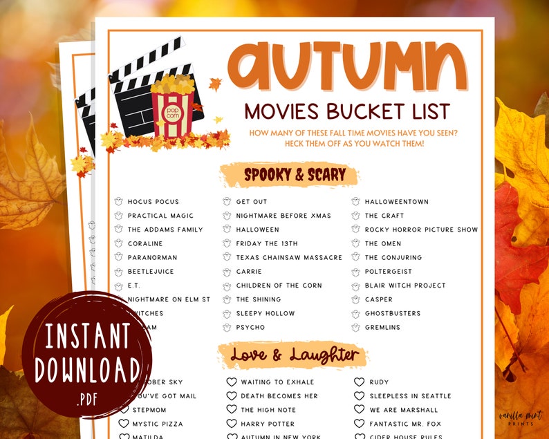 Fall Movie Bucket List Game Printable Autumn Movies Fall | Etsy