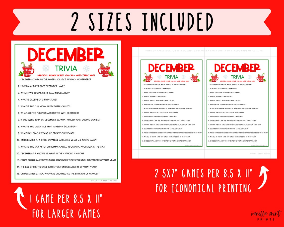December Trivia Game Printable Month Party Games - Etsy